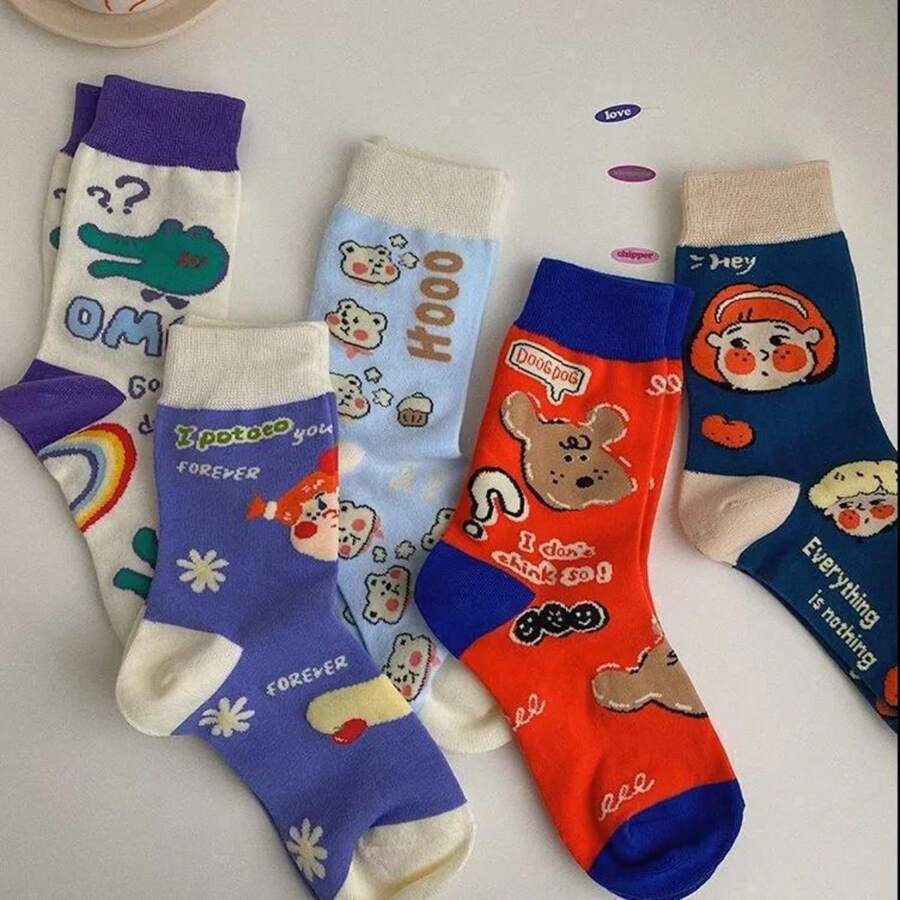 5 Double Japanese Cute Alligator Graffiti Mid-Tube Socks Cartoon ...