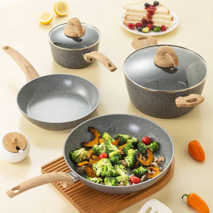 Non Stick Pots And Pans Set, 6 Piece Ceramic Cookware Set Granite Pot ...