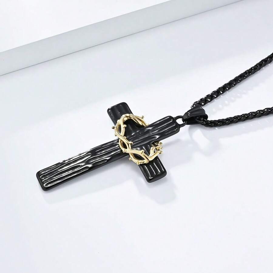 Vintage Wood Texture, Crown & Thorn Design Cross Pendant Necklace In ...
