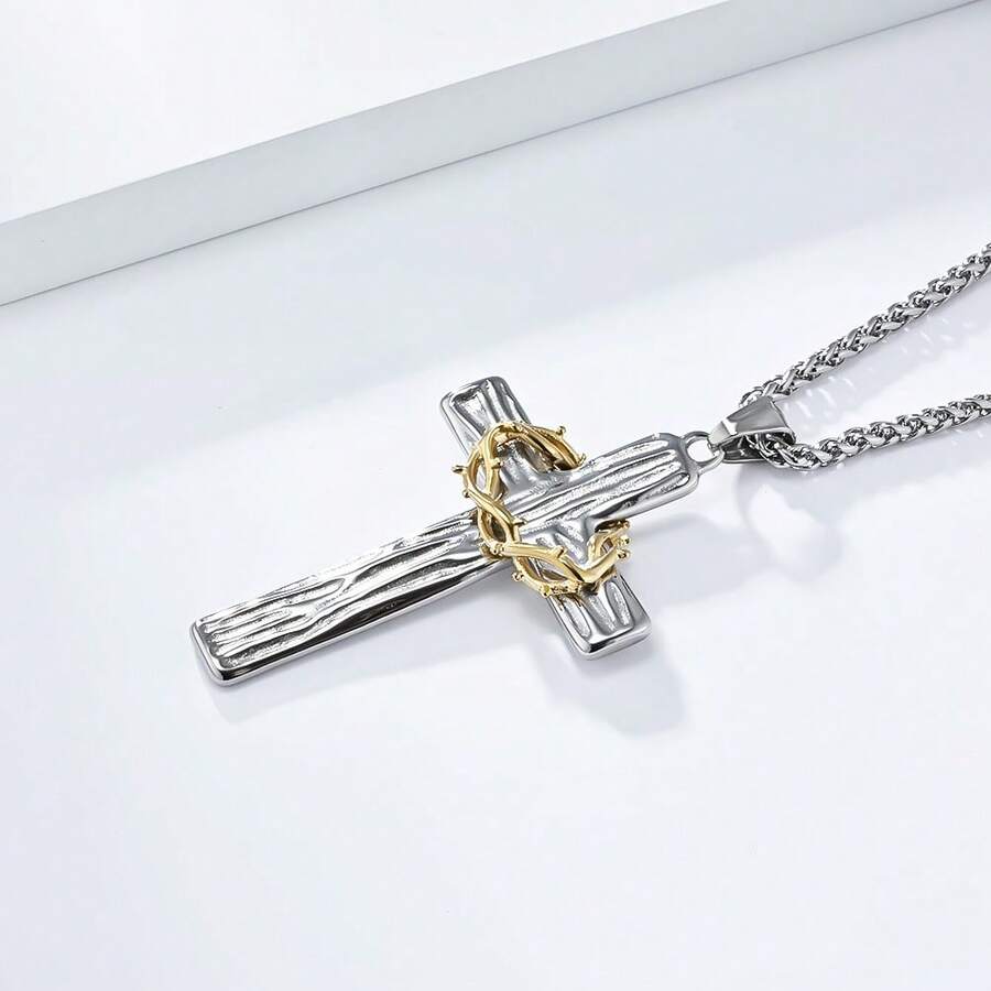 Vintage Wood Texture, Crown & Thorn Design Cross Pendant Necklace In ...