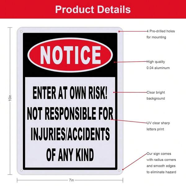 Notice Enter At Own Risk Sign 2-Pack, Not Responsible For Accidents Or ...