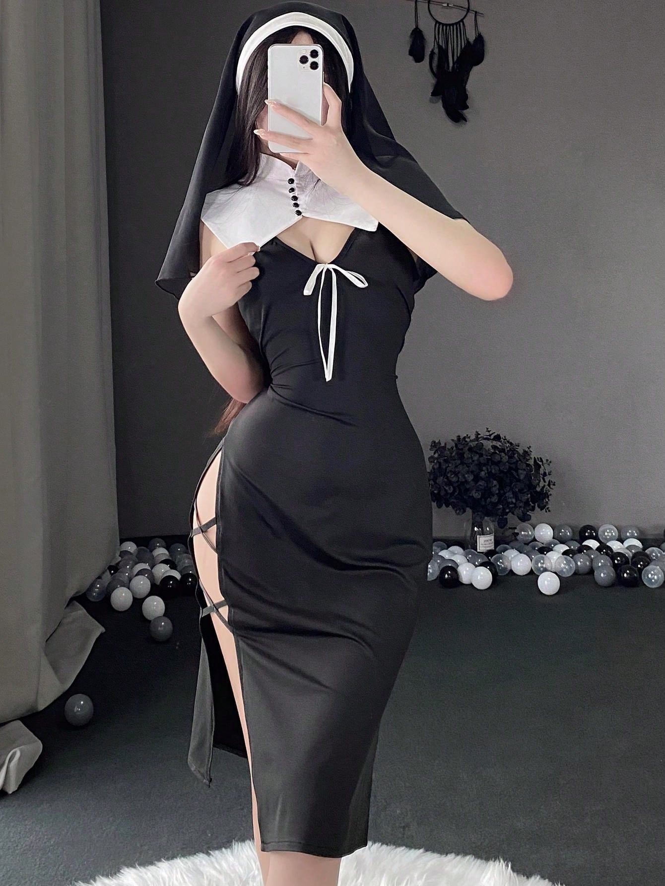 1 Set De Vestido De Cosplay De Monja Con División Alta En Blanco Y Negro (incluyendo Tocado ...