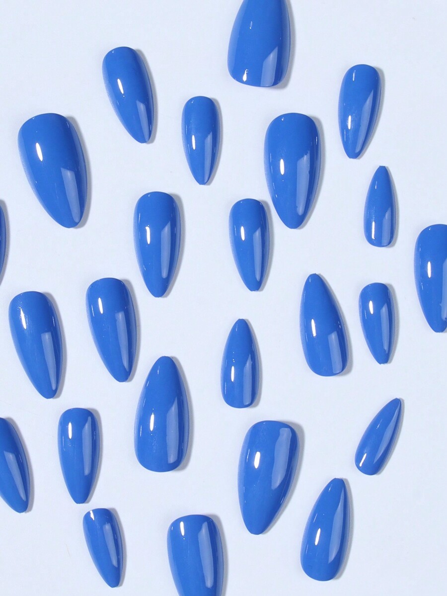 24pcs Press On Nails Long Almond Blue Fake Nails Full Cover False Nails