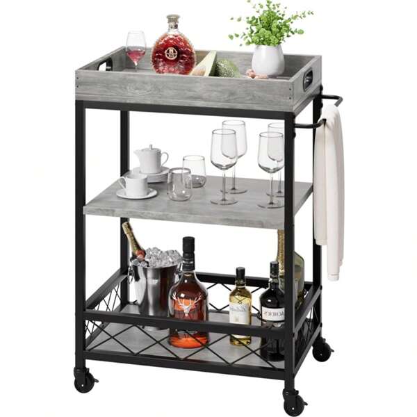 Bar Cart, 3 Tier Grey Bar Cart With Wheels And Handles, Portable Tray ...