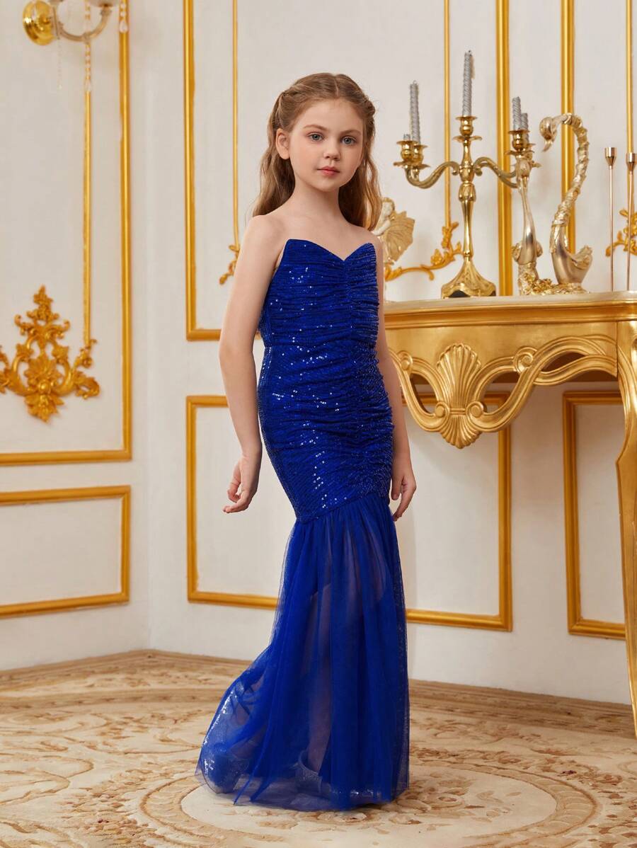 Tween Girls' Shiny Strapless Dress With Ruffle Details On The Front | SHEIN UK