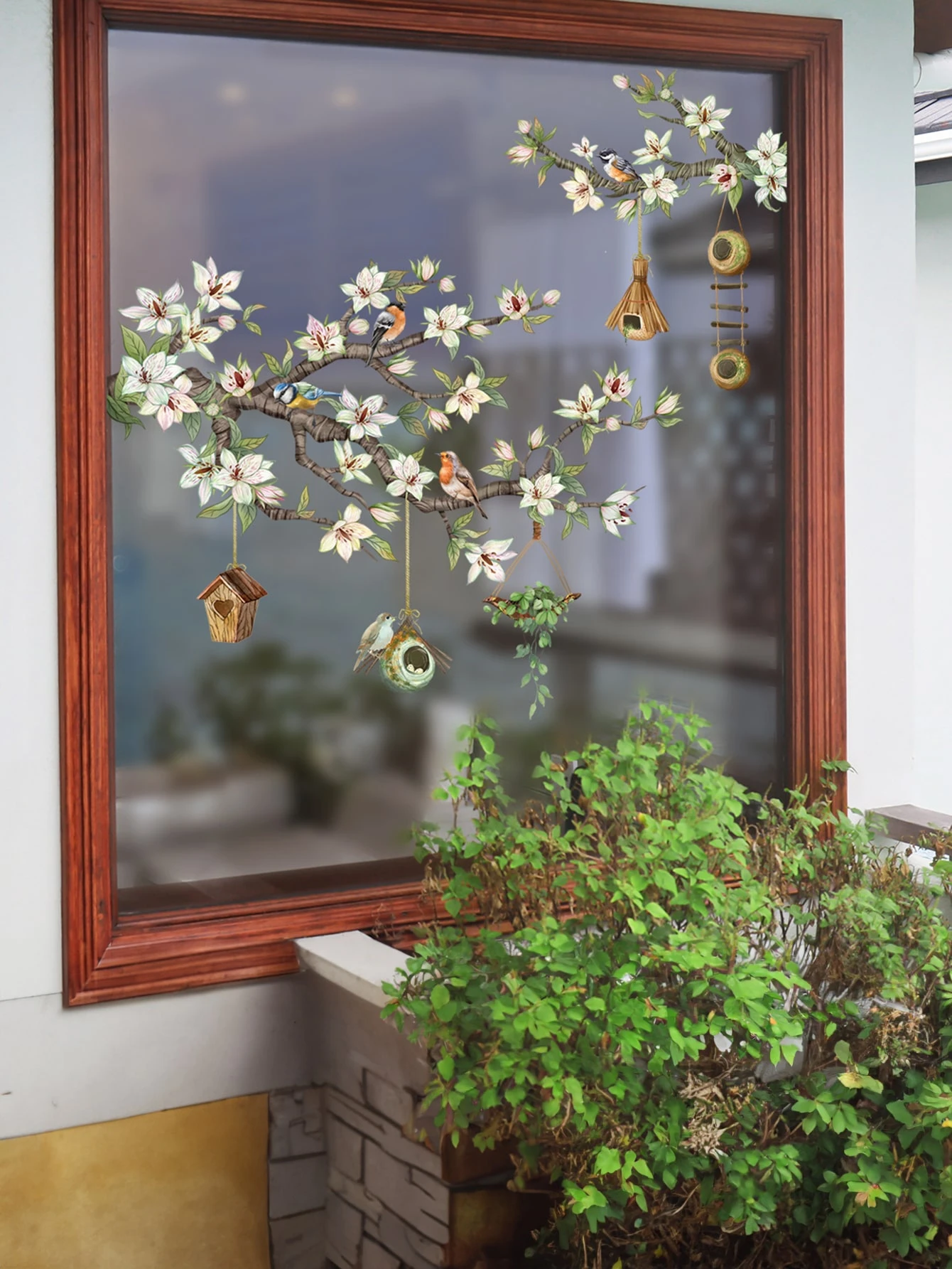 1pc Double-Sided Visible Window Decal, Branches Flowers Birds Glass ...