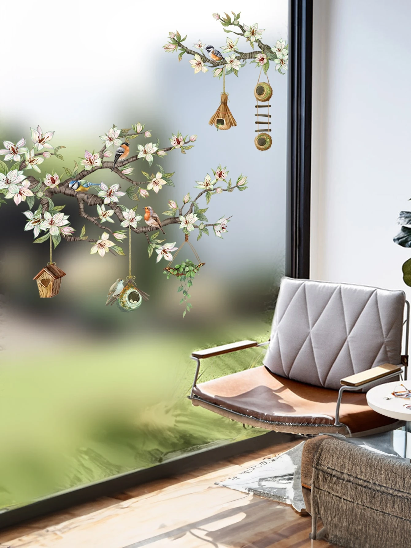 1pc Double-Sided Visible Window Decal, Branches Flowers Birds Glass ...