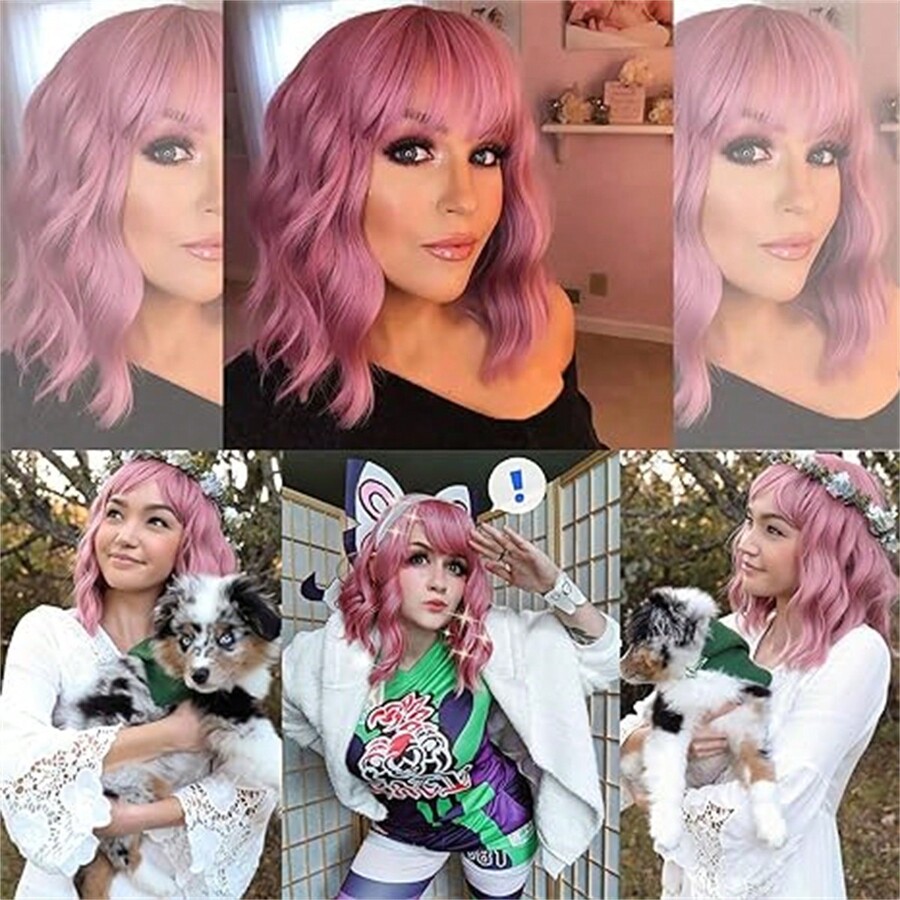 Pastel Wavy Wig With Air Bangs Womens Short Bob Purple Pink Curly