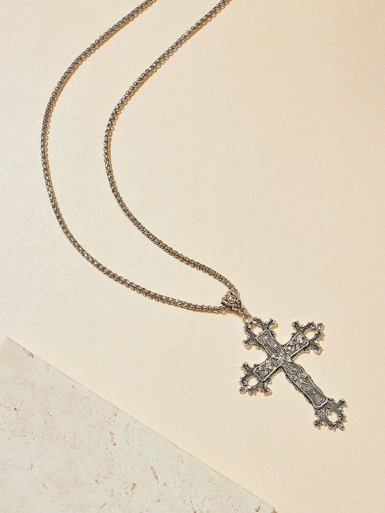 1 Pezzo Collana Metallo Croce A Fiori Intrecciati In Lega D'argento ...