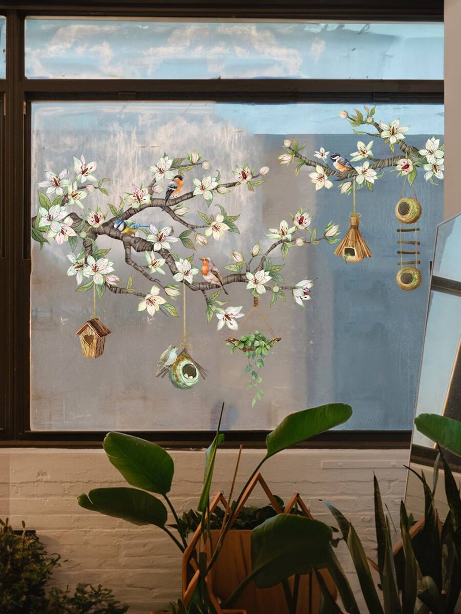 1pc Double-Sided Visible Window Decal, Branches Flowers Birds Glass ...