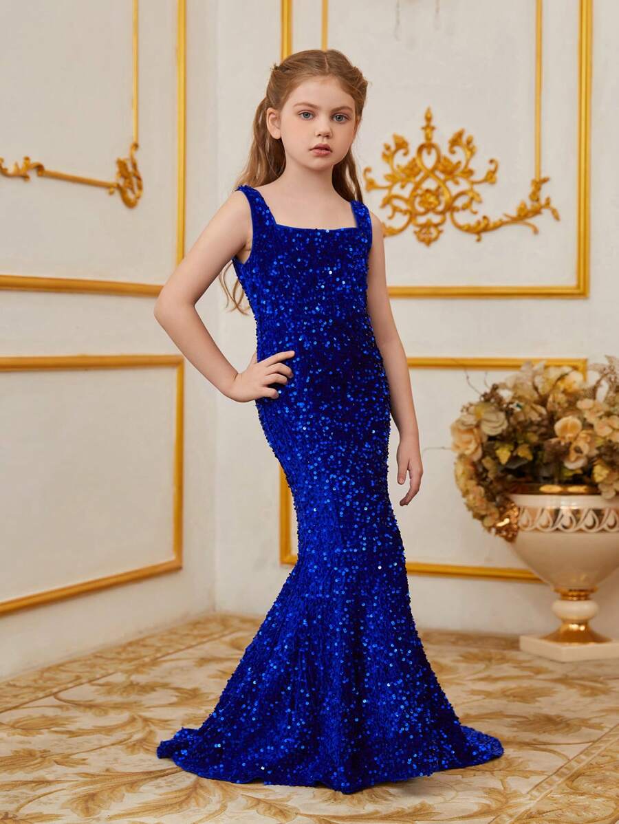 Tween Girl Square Neckline Sleeveless Glitter Mermaid Formal Dress ...