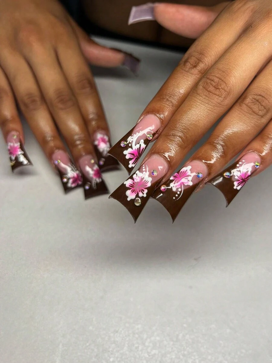 24pcs XXL Long Duck Nail Tips Long Duck Brown French Nail Press On ...