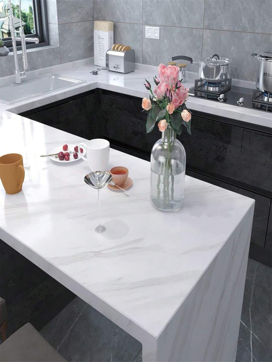 1 Roll Glossy White Marble Contact Paper ,Peel And Stick Wallpaper ...