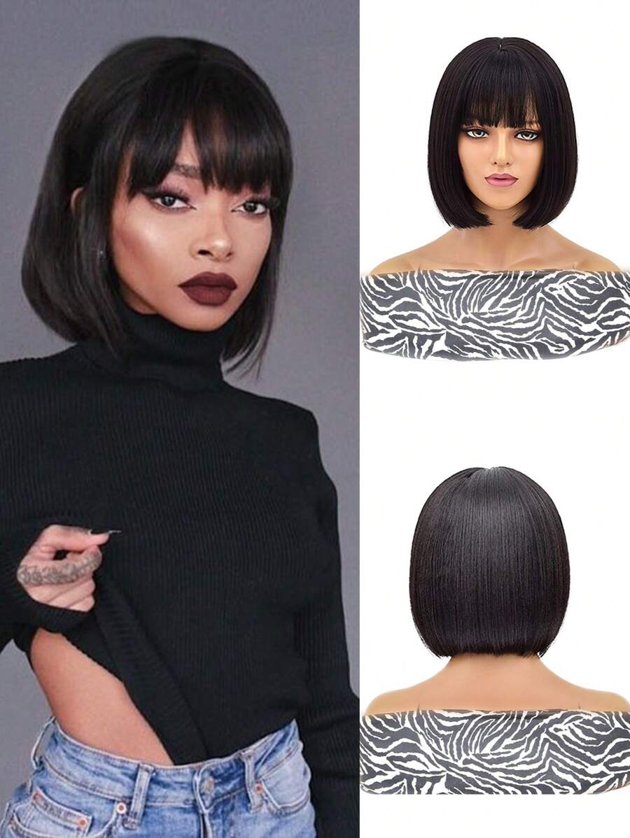 Short Straight Wig With Bangs 12 Inch Short Natural Black Bob Wig ...