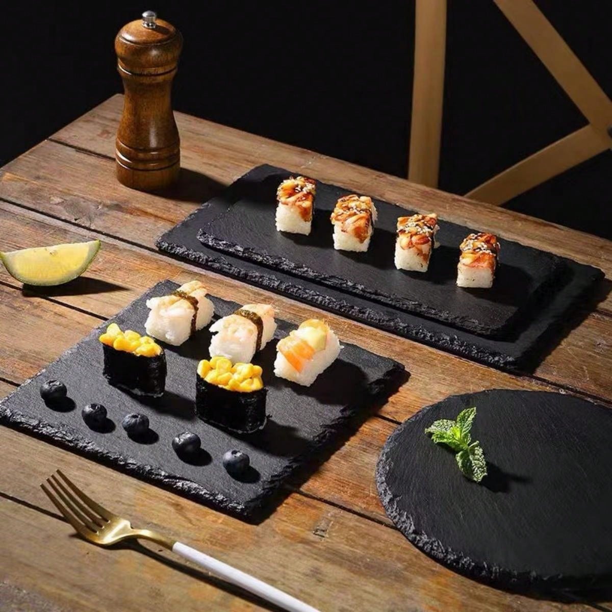 1pc Black Stone Platter, Natural Slate Steak Plates For Japanese Sushi ...
