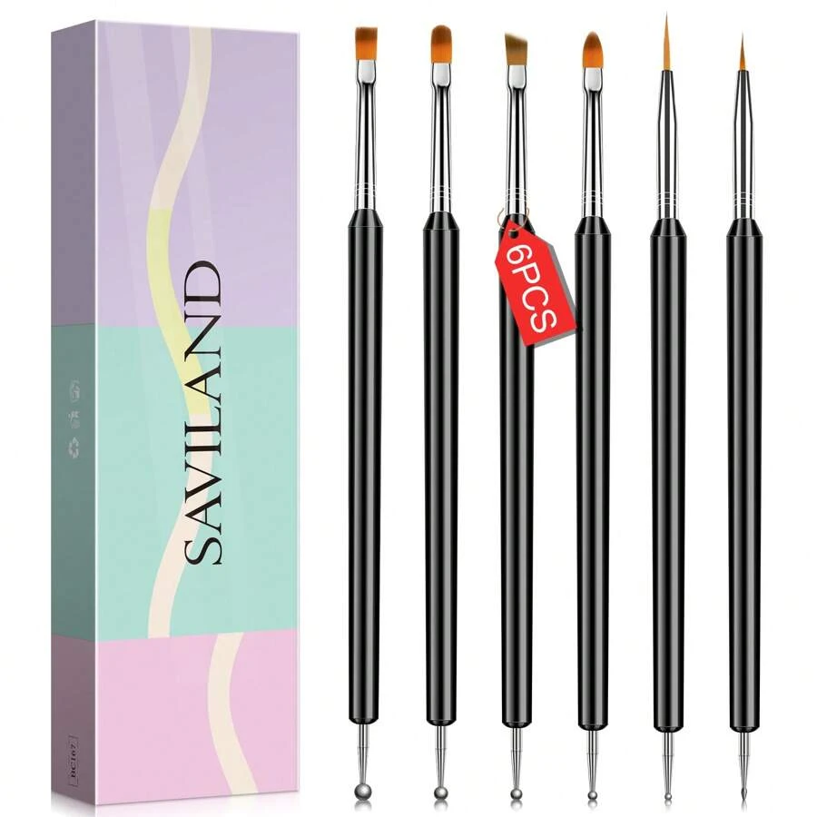 Saviland Nail Art Brushes Set - 6pcs Double-End Nail Art Brushes Kit ...