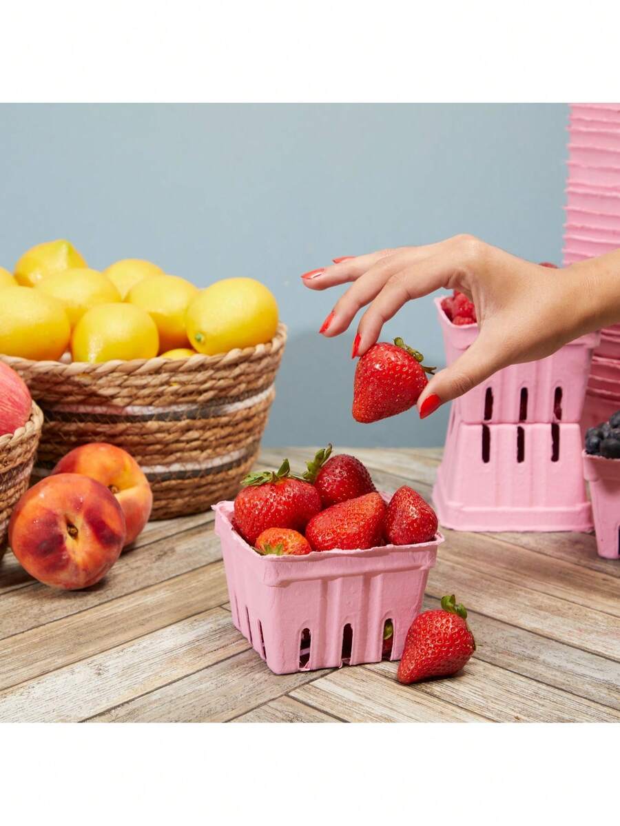 Pink Pulp Fiber Berry Baskets, Pint Fruit Containers (4.3 X 4.3 X 2.8 ...