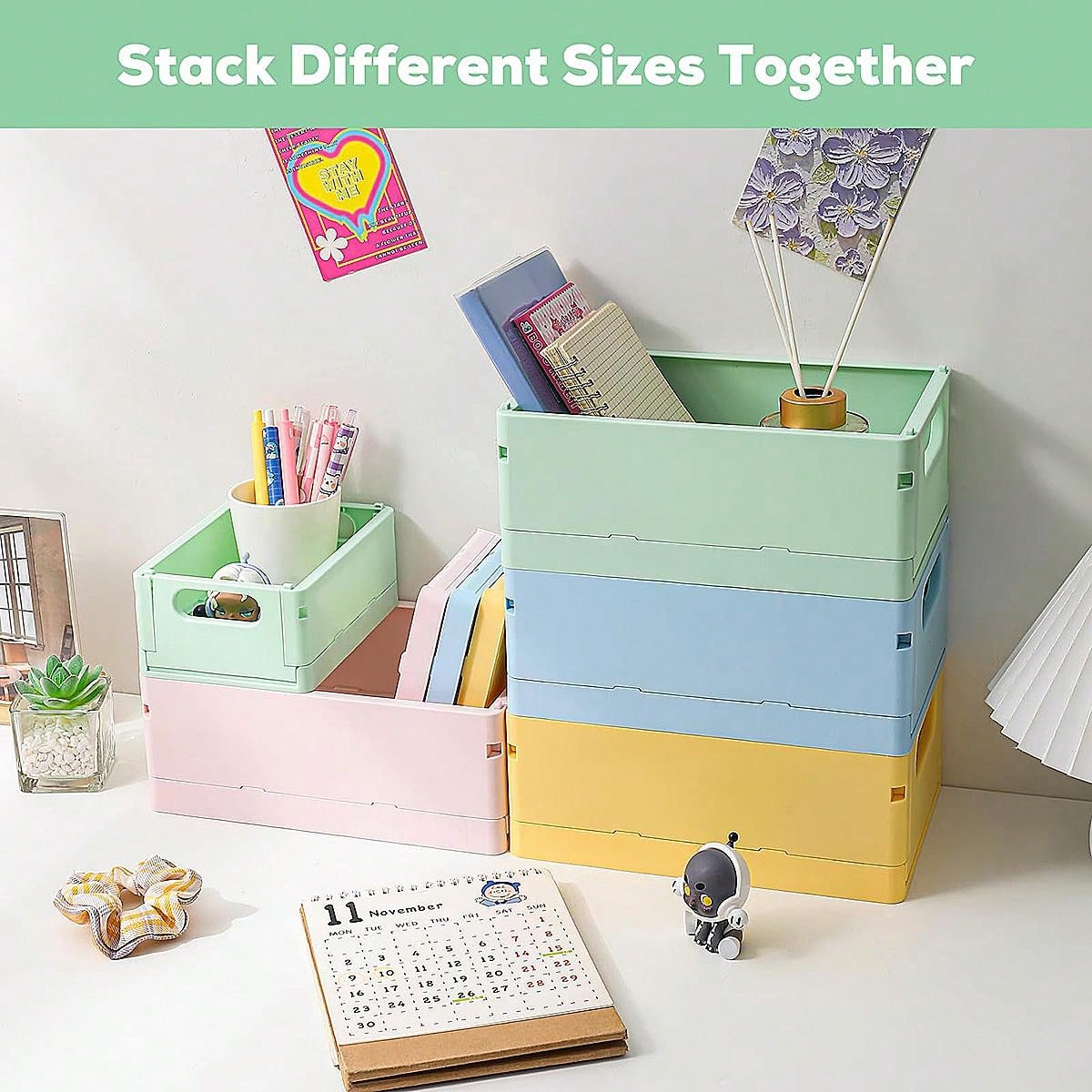 1 Pc Mini Pastel Crates Organizer, Collapsible Plastic Storage Basket ...
