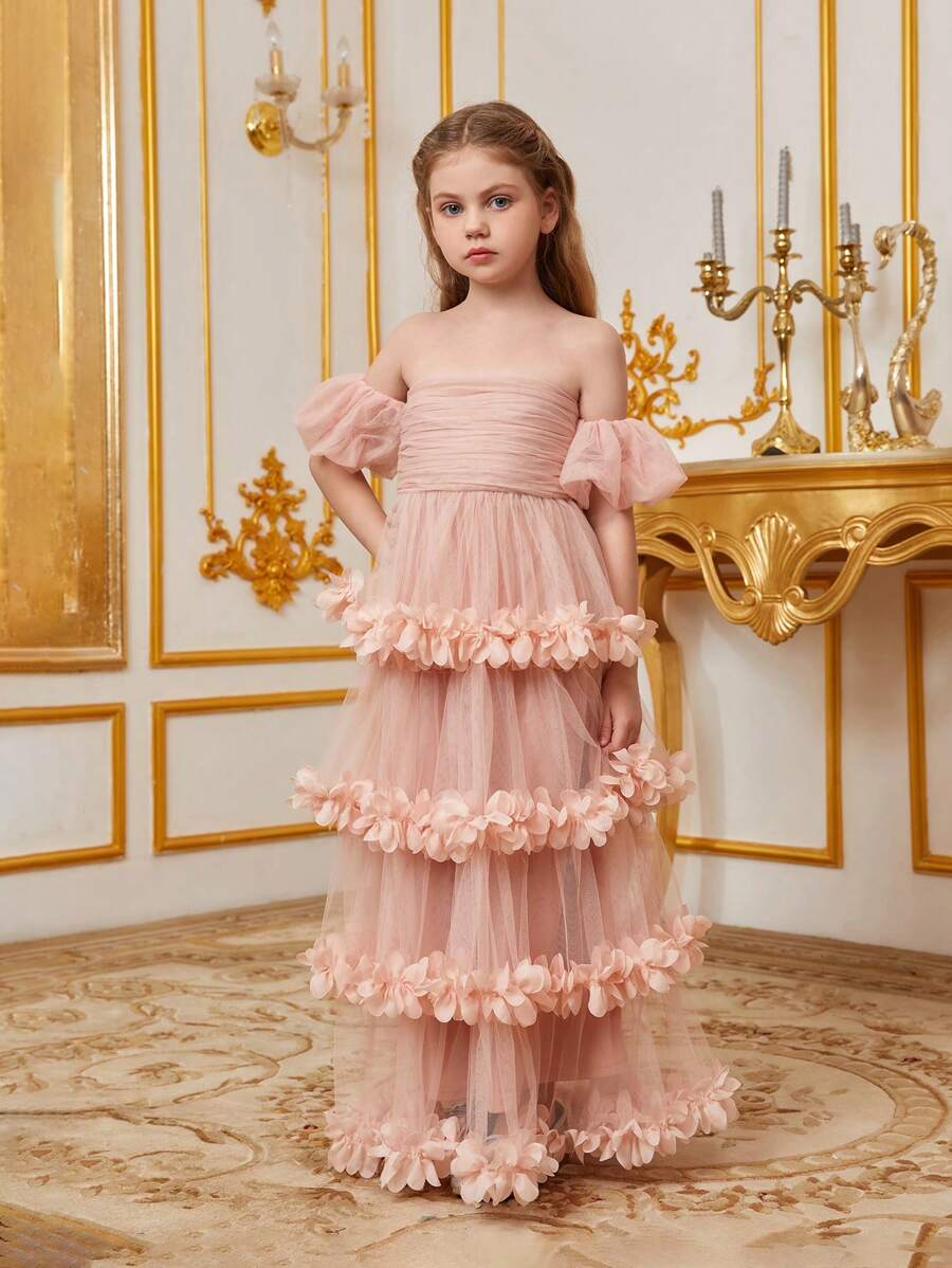 Tween Girl Off Shoulder Ruched Mesh Overlay Gown Dress | SHEIN EUR