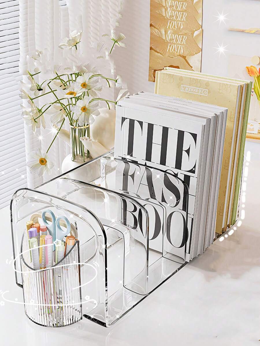 1pc Desktop Clear Acrylic Student Book Stand With Divider, Pen Holder ...