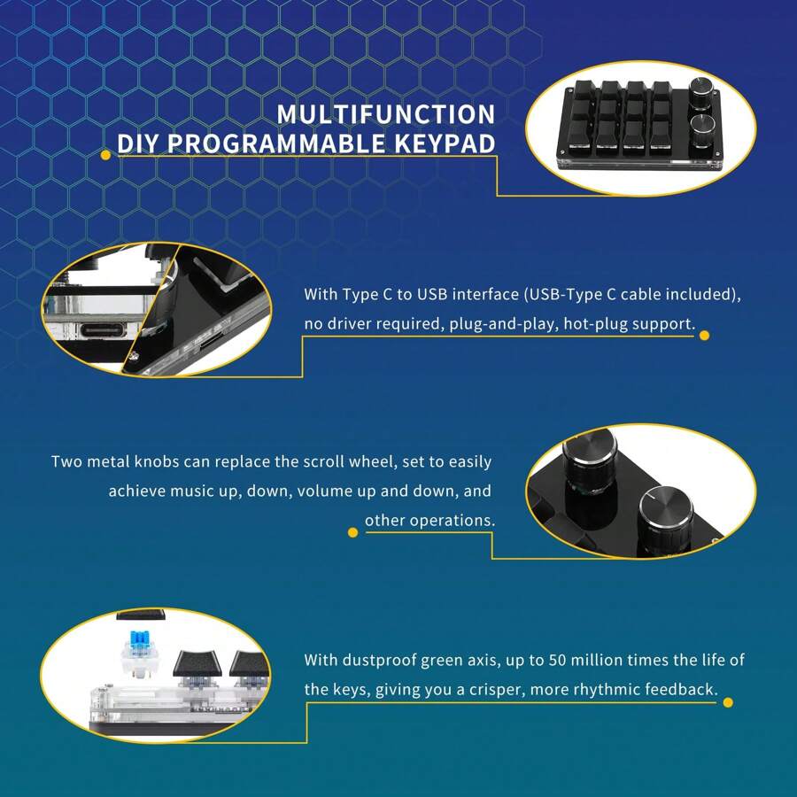 12 Key Macro Pad With Knob, Green Axis Macro Mechanical Keyboard With ...
