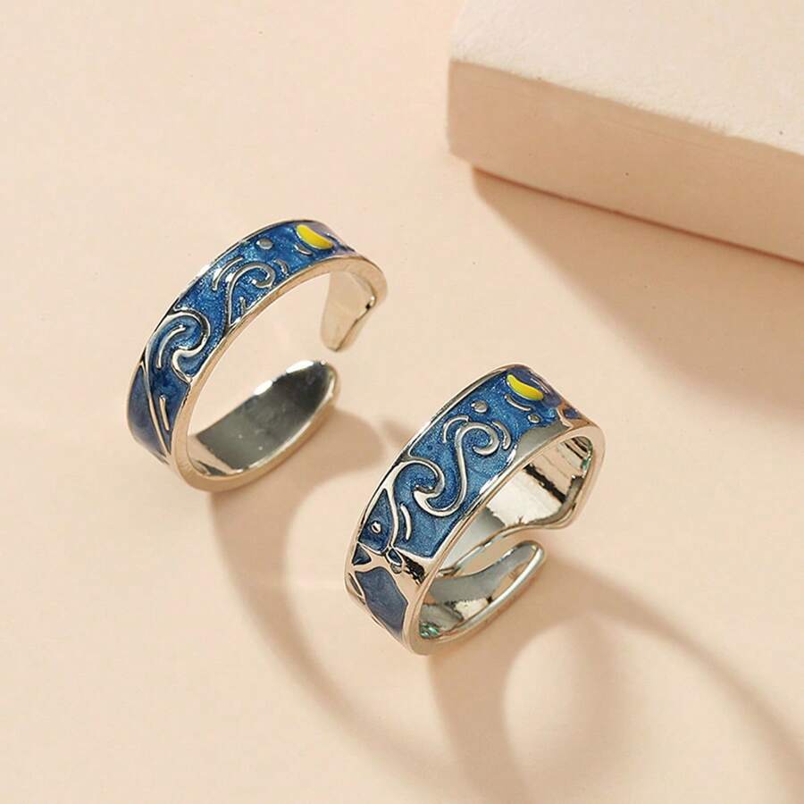 1 Pair Adjustable Romantic Van Gogh's Sky Design Open Couple Rings For ...