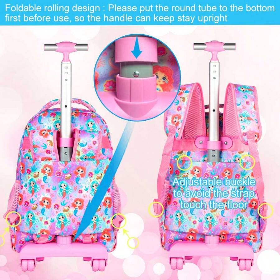 3PCS Rolling Backpack For Girls, 20" Kids Roller Wheels Bookbag ...