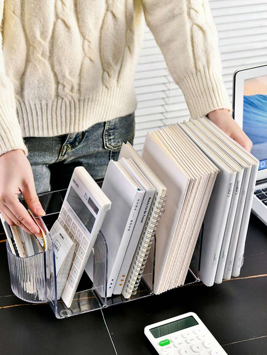 1pc Desktop Clear Acrylic Student Book Stand With Divider, Pen Holder ...