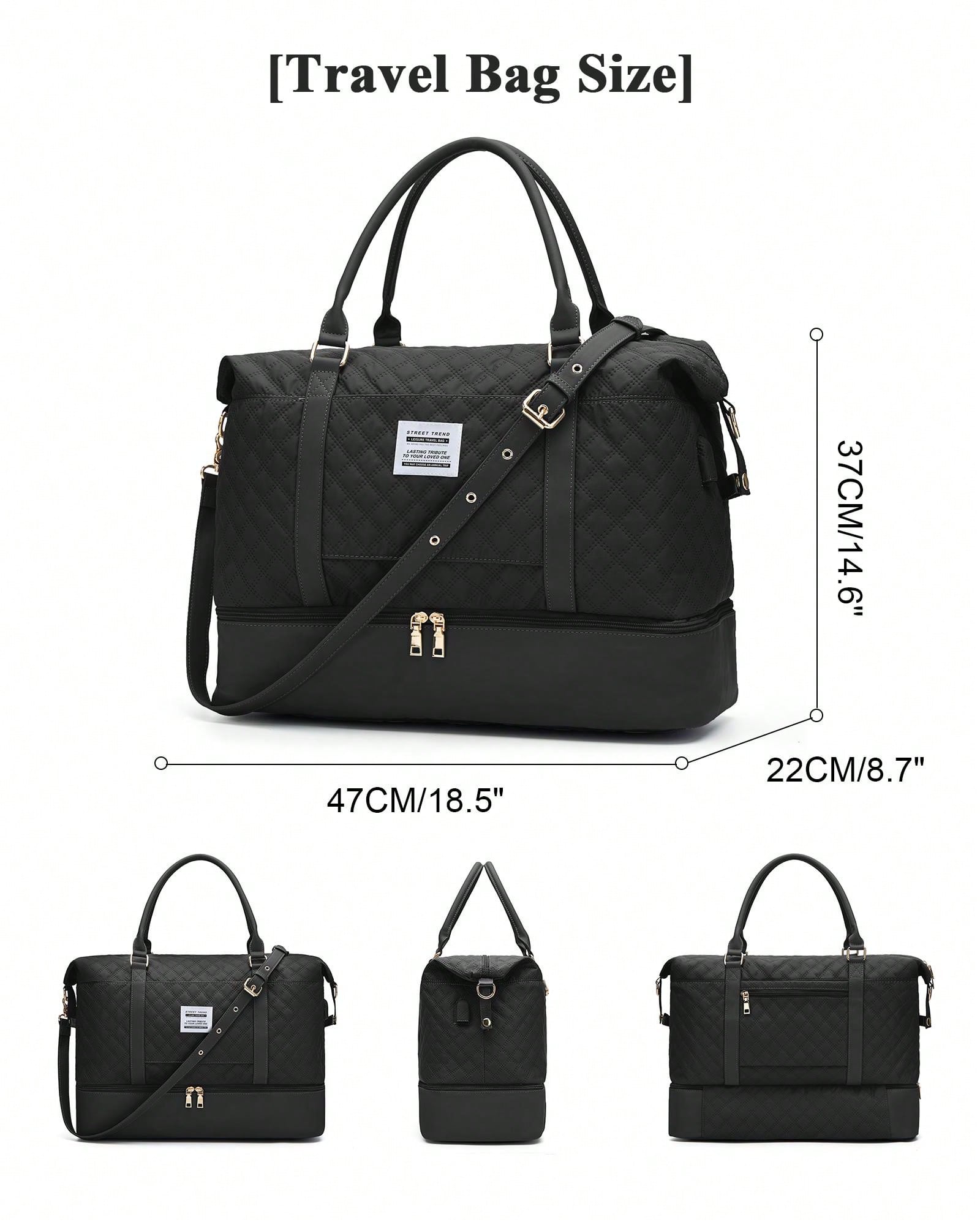 Travel Duffel Bag For Women With Shoe Compartment, Quilted Luggage Bag ...