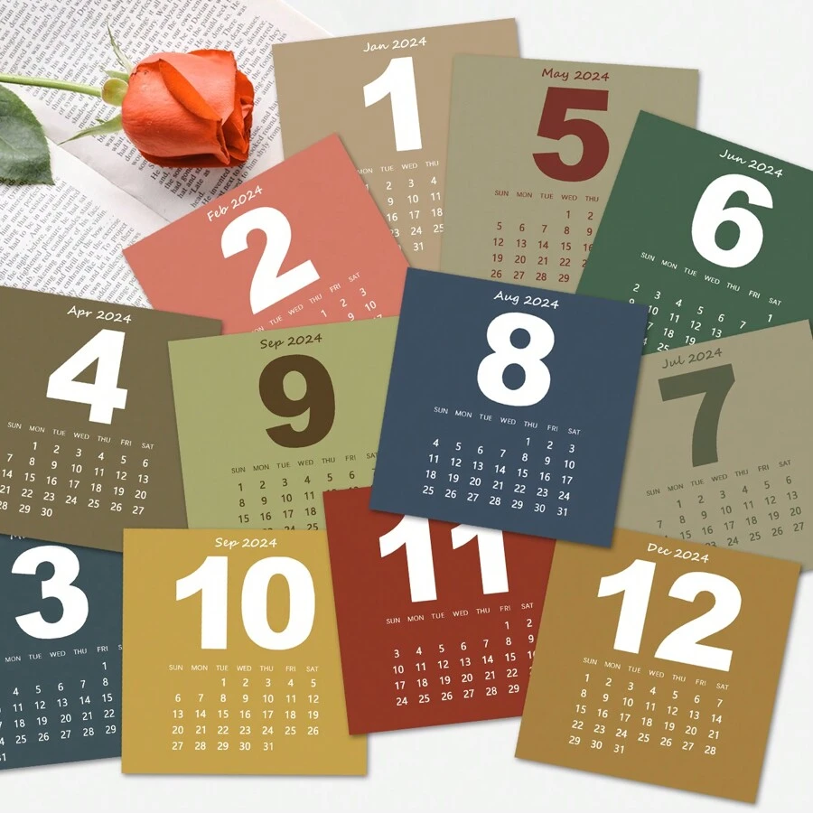 12pcs Calendar Design Postcard 2024 Calendar Card Simple Style Digital ...