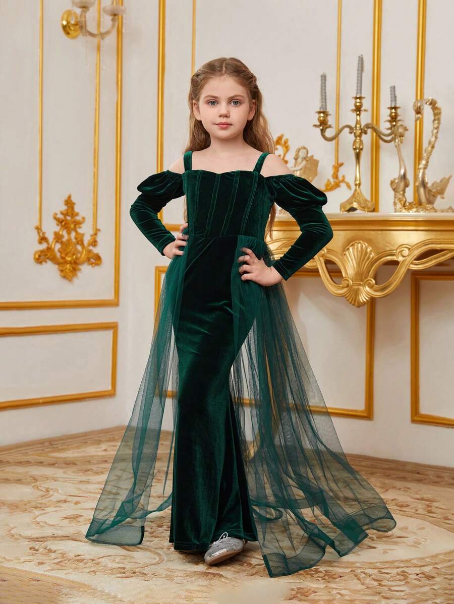 Tween Girl Velvet Evening Dress With Shoulder Cut-Out And Sheer Mesh ...