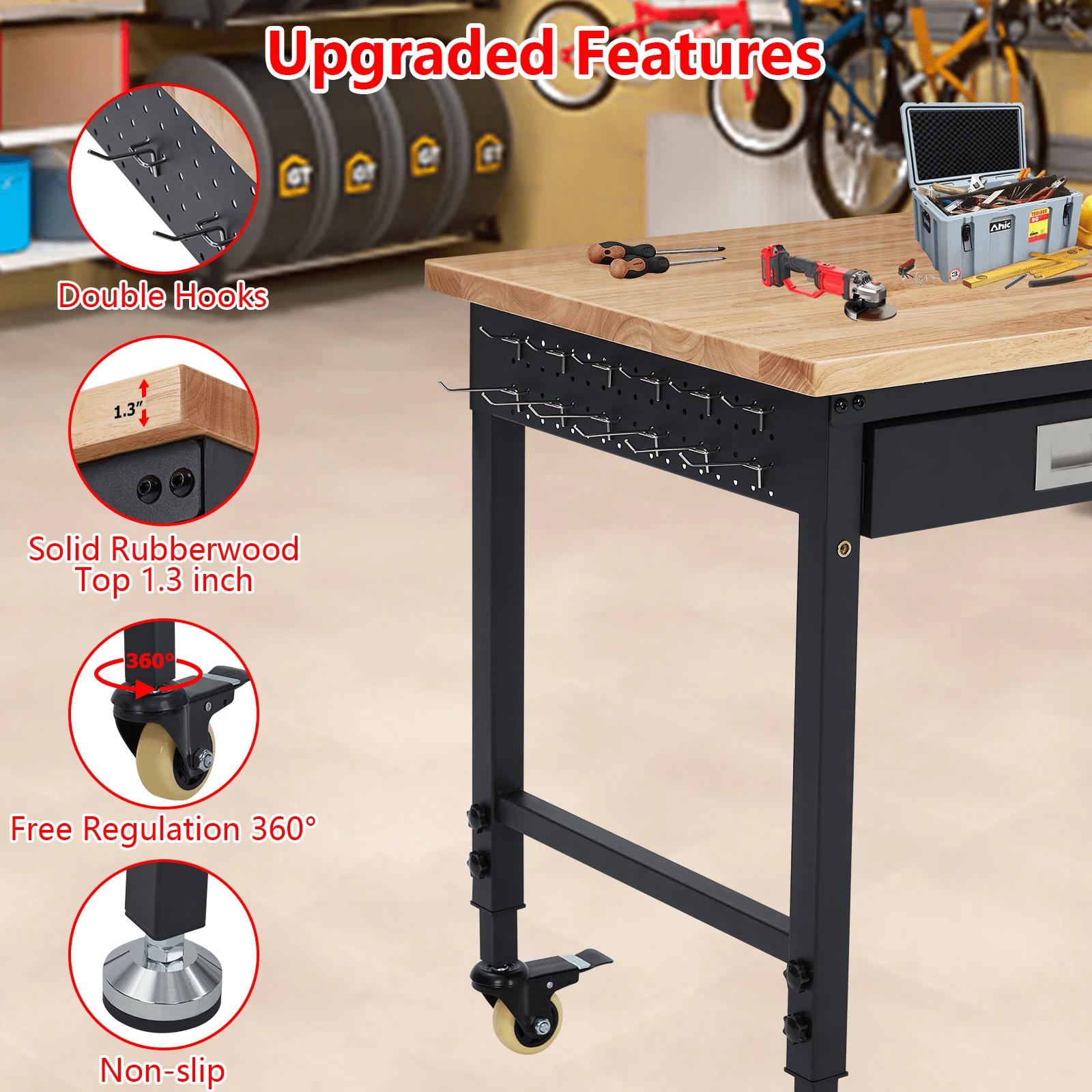 2000 Lbs Capacity Adjustable Workbench, Rubber Wood Table Heavy Duty ...