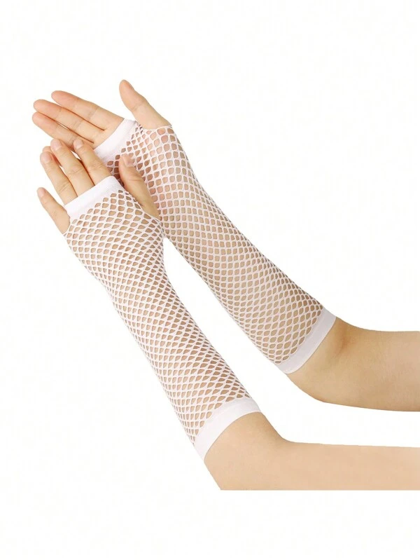 1 Pair Of White Women'S Thick Fishnet Elastic Sexy Arm Sleeve Half ...