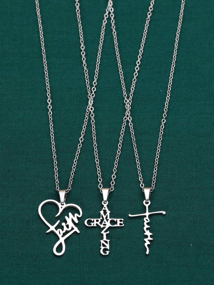3pcs/Set Stainless Steel Christian Faith Themed Pendant Necklace ...