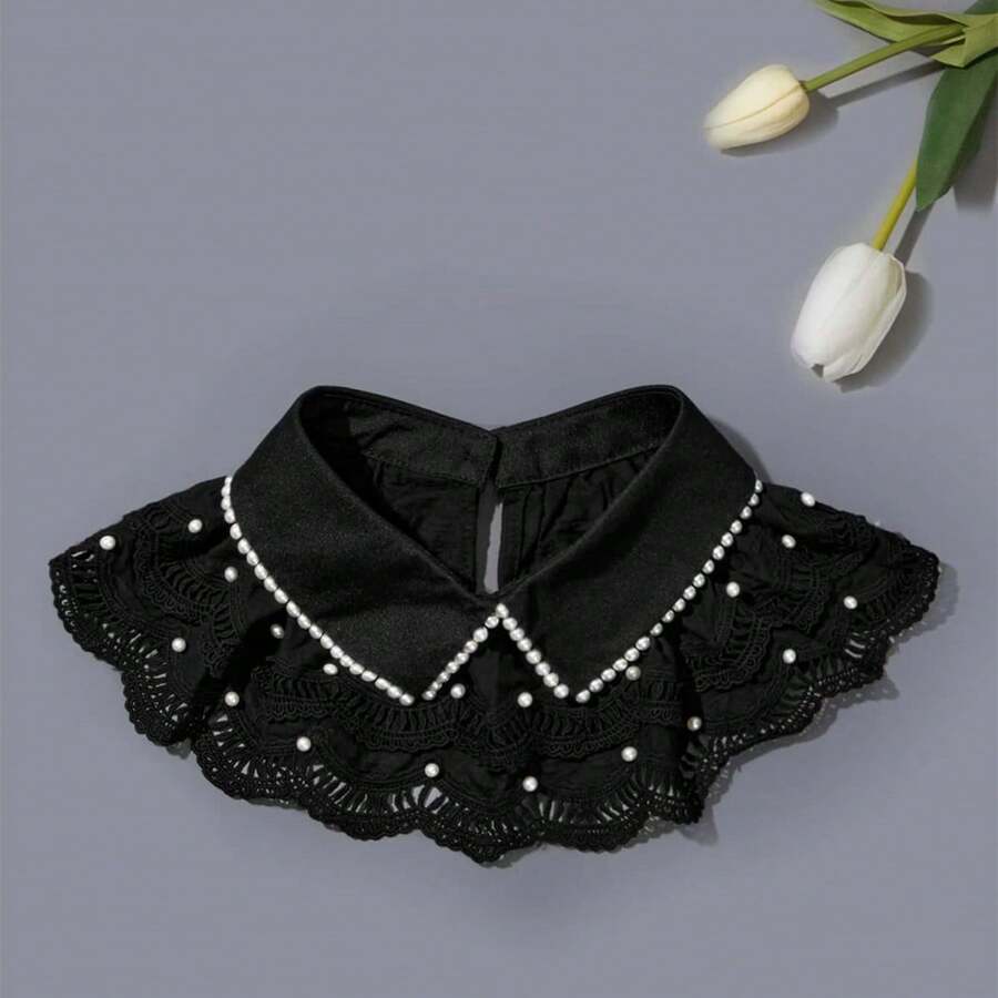 1pc Women's Removable Collar Lace & Pearl Decor Black And White False ...