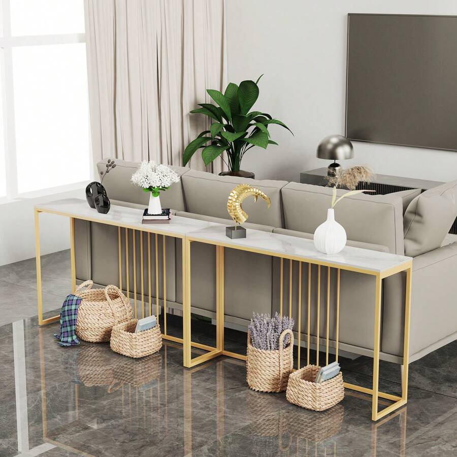 Slim Console Table Hallway Unit: White Marble Top Consoles Desk Long ...