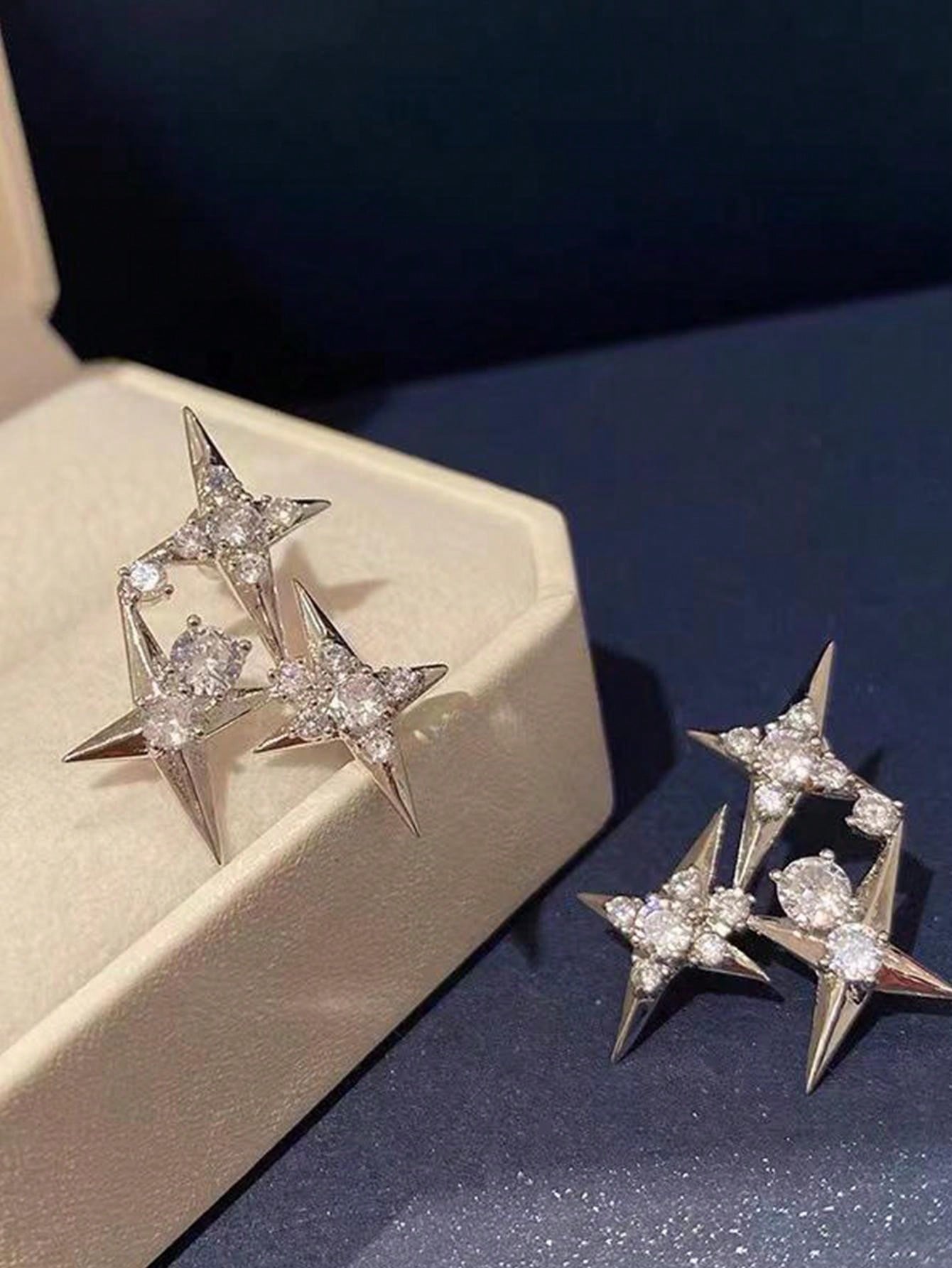 1pair Fashionable Versatile S925 Sterling Silver Plated 14K Gold Sparkling Star Earrings For ...