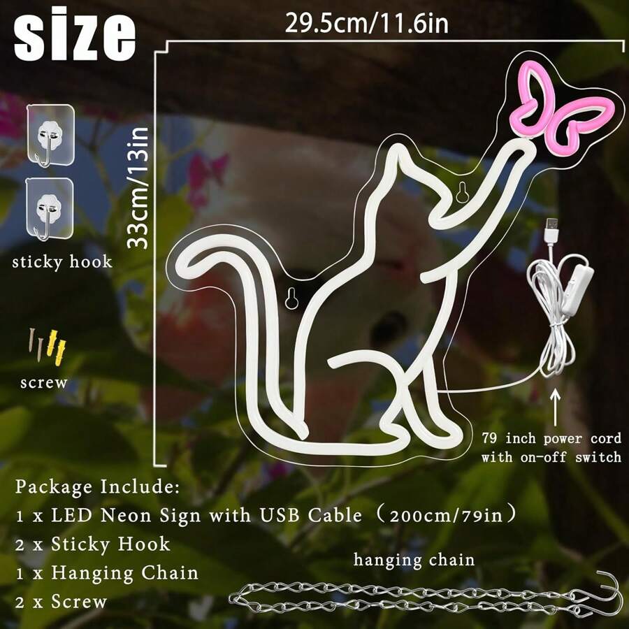 Cat Neon Light Sign, Cat Butterfly Led Neon Wall Decor, Cute Cat Neon ...