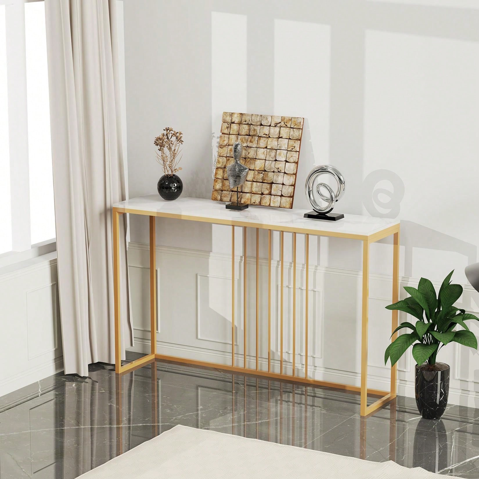Slim Console Table Hallway Unit: White Marble Top Consoles Desk Long ...