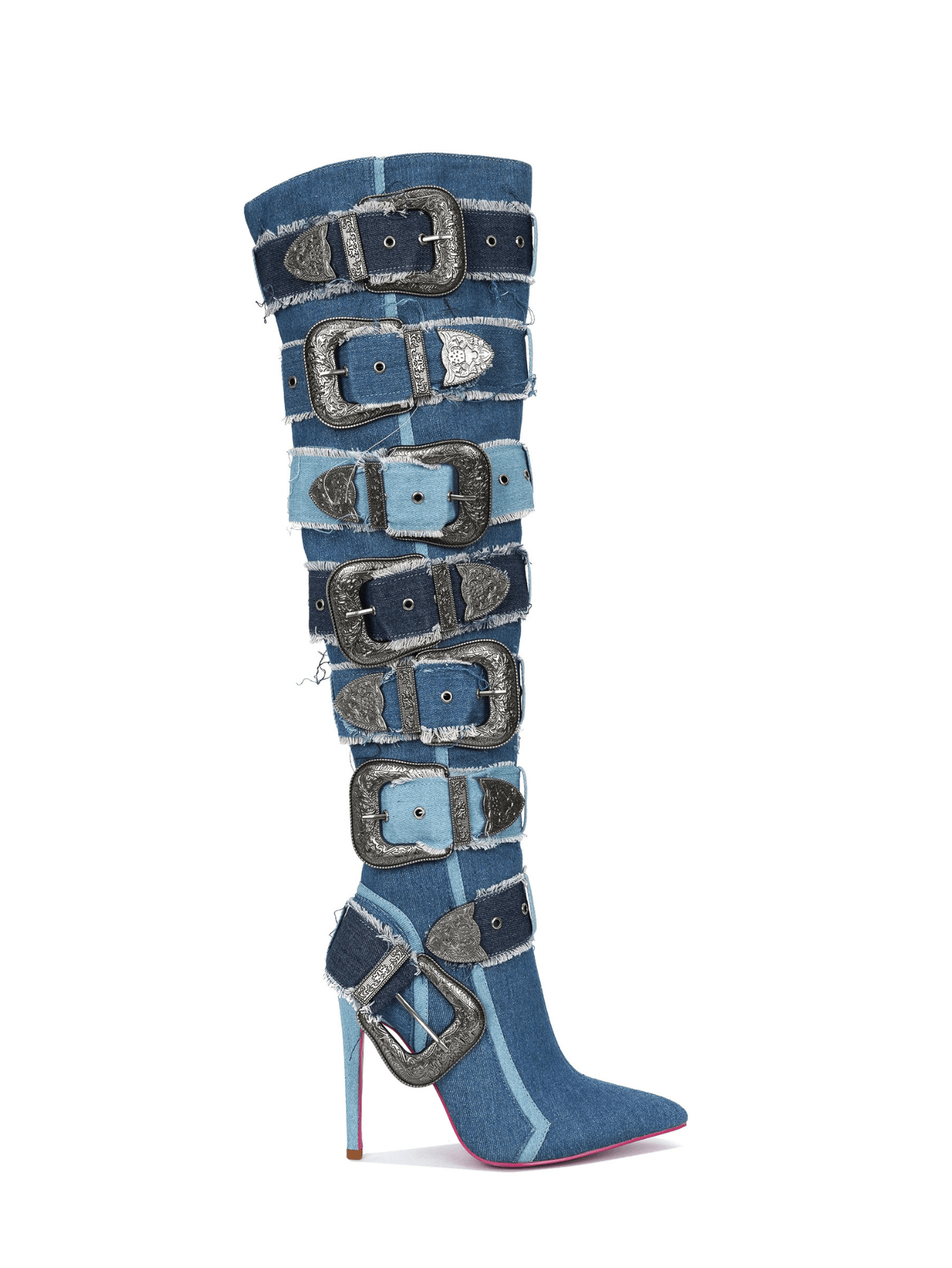 Shea Belt Buckle Detail Thigh-High Denim Boots | SHEIN USA