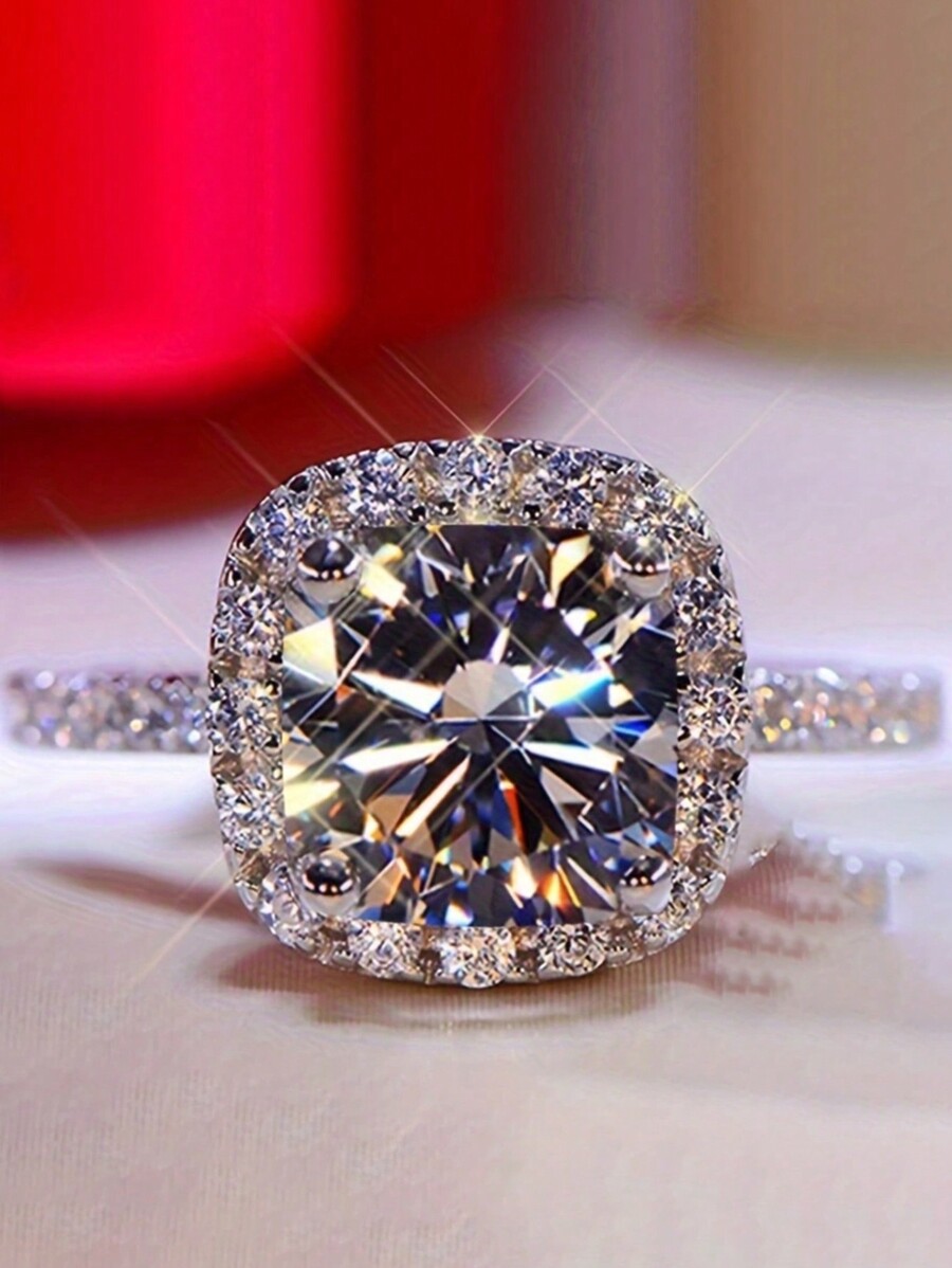 Luxury S925 Pure Silver Four-Prong Set Square Geometric Cz Couple Ring ...