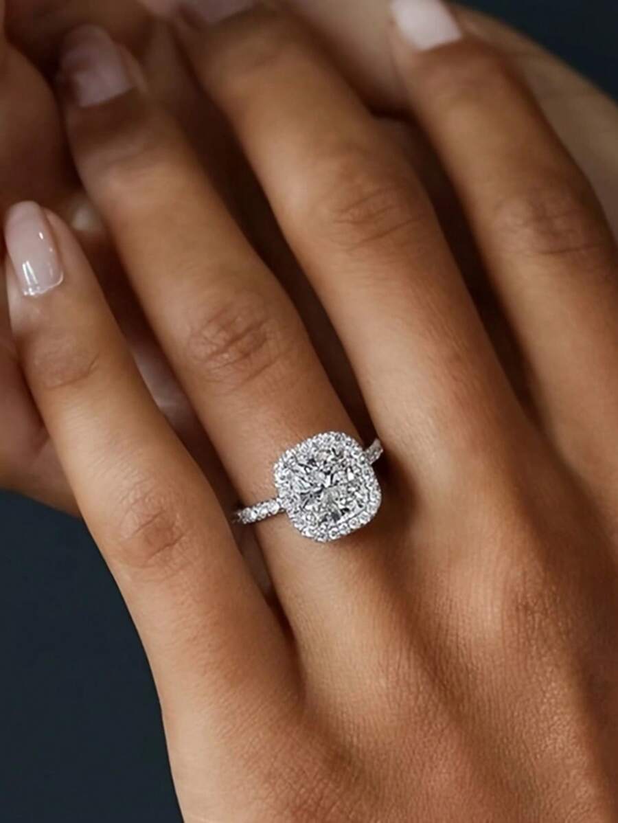 Luxury S925 Pure Silver Four-Prong Set Square Geometric Cz Couple Ring ...