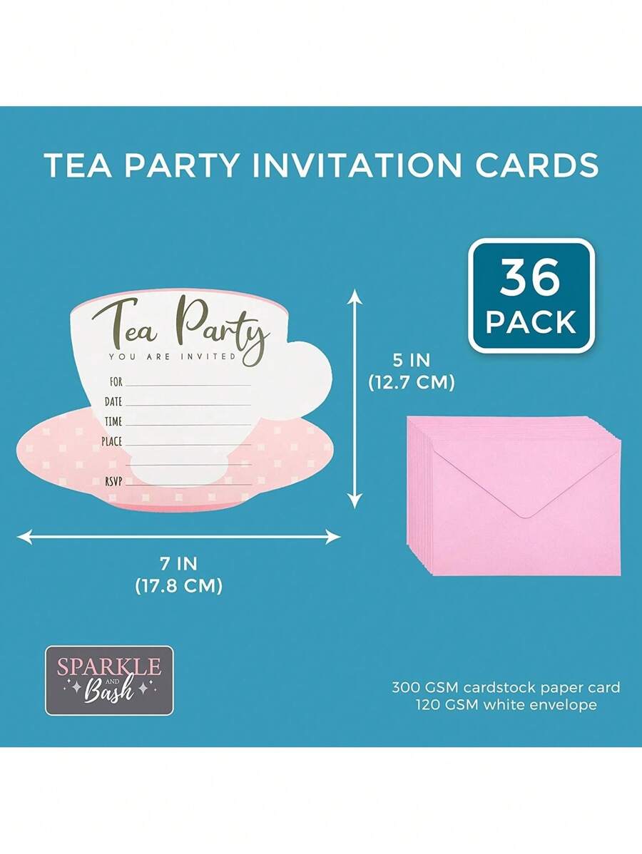 36 Pack Tea Party Invitation Cards With Envelopes, Pink And White High ...