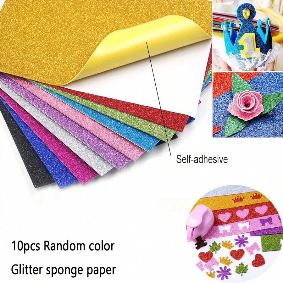 10 Sheets/Pack Random Color Self-Adhesive Glitter Sponge Paper, With ...