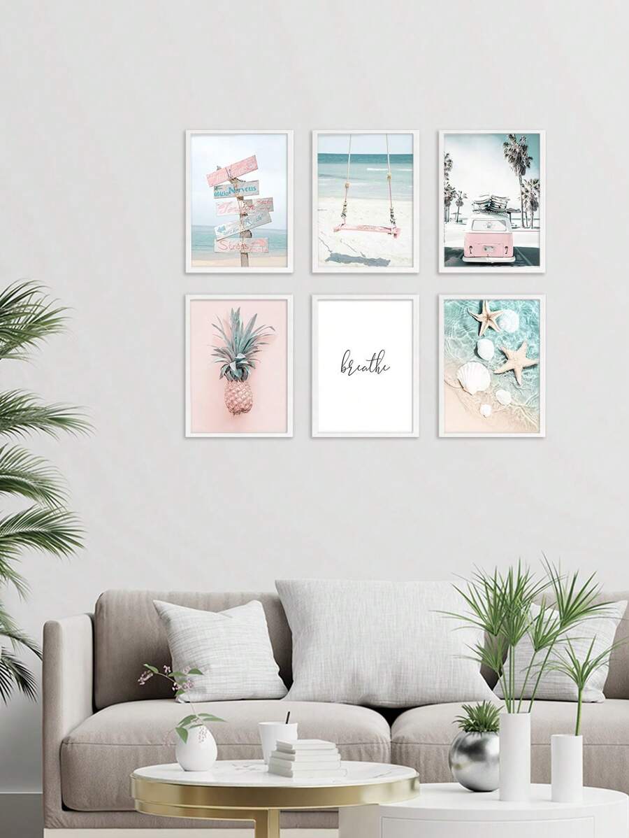 6 Roze Muur Schilderijen Zee Strand Schilderen Poster Schelp Zeester ...