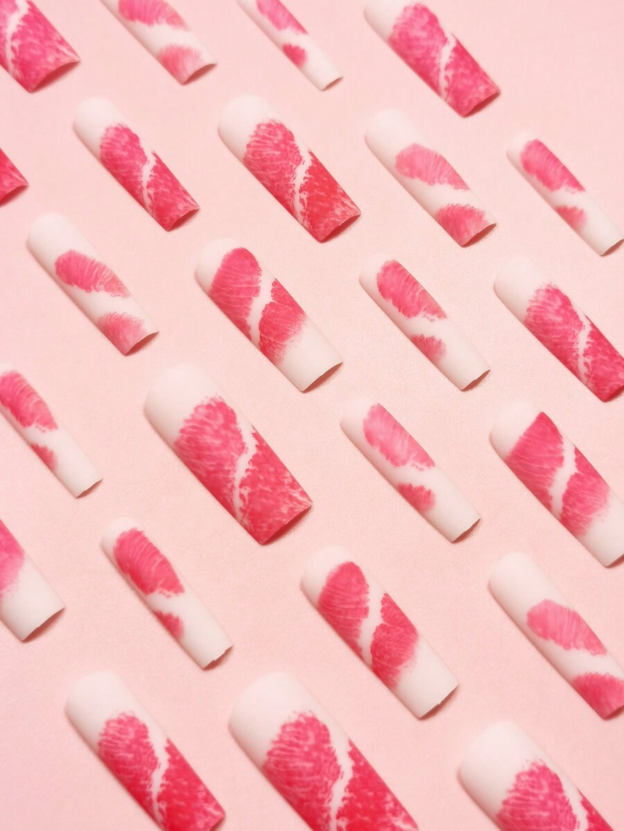 24pcs Set Long Strawberry Red Matte And Flame Red Lips Print And Kiss Mark
