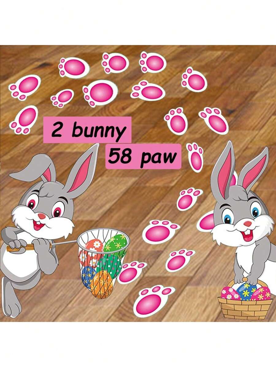 12 Sheet Easter Bunny Footprint Stickers,2 Rabbits And 58 Pink Bunny ...