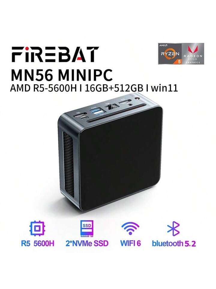FIREBAT MN56 Mini PC Gamer AMD Ryzen 5 5600H Windows 11 RAM 16GB DDR4 ...