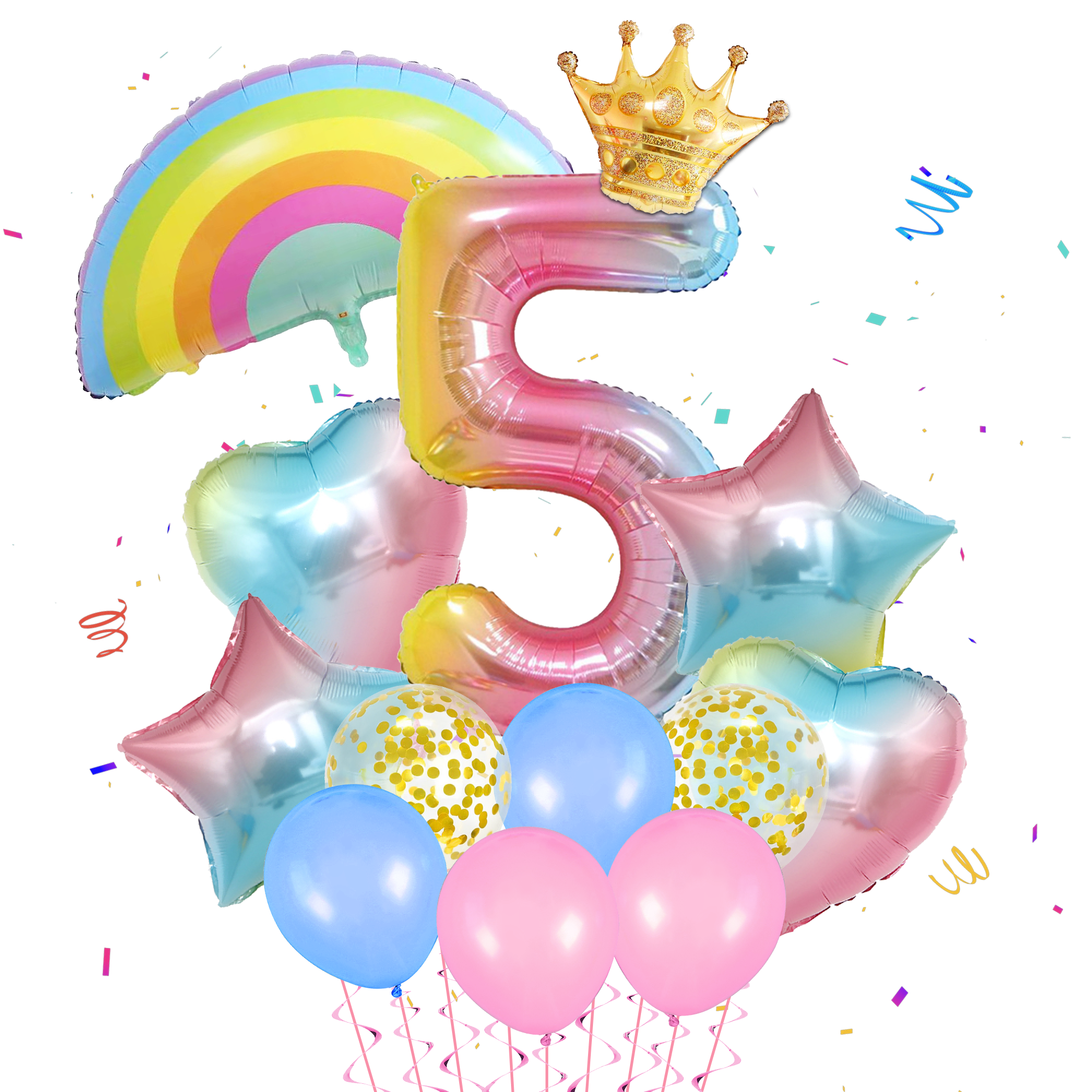 14pcs Cute Rainbow Theme Balloons Colorful Gradient Jelly Crown Number 5 Balloons Confetti ...