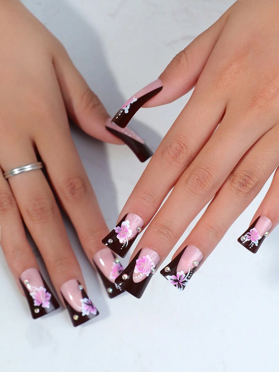 24pcs XXL Long Duck Nail Tips Long Duck Brown French Nail Press On ...